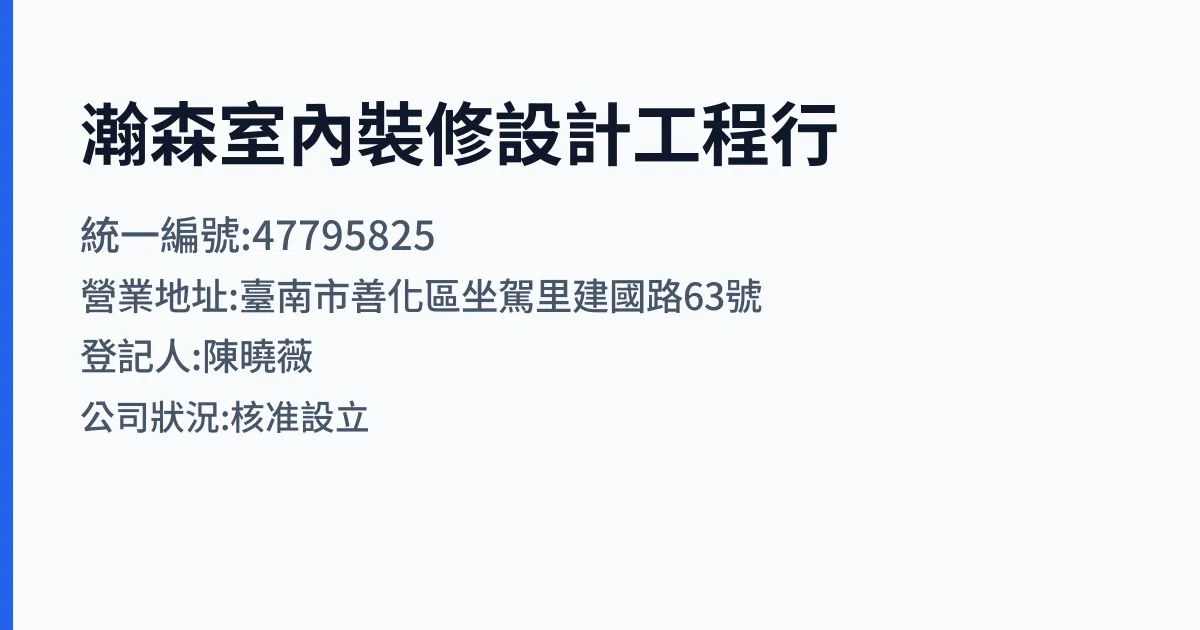 瀚森室內裝修設計工程行 - 統編 47795825(臺南市) 公司登記資料與營業項目詳細圖表