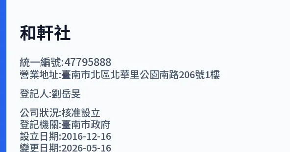 和軒社的照片-統編 47795888(臺南市) 公司登記資料與營業項目詳細圖表