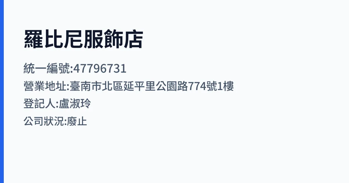 羅比尼服飾店 - 統編 47796731（臺南市） 公司登記資料與營業項目詳細圖表