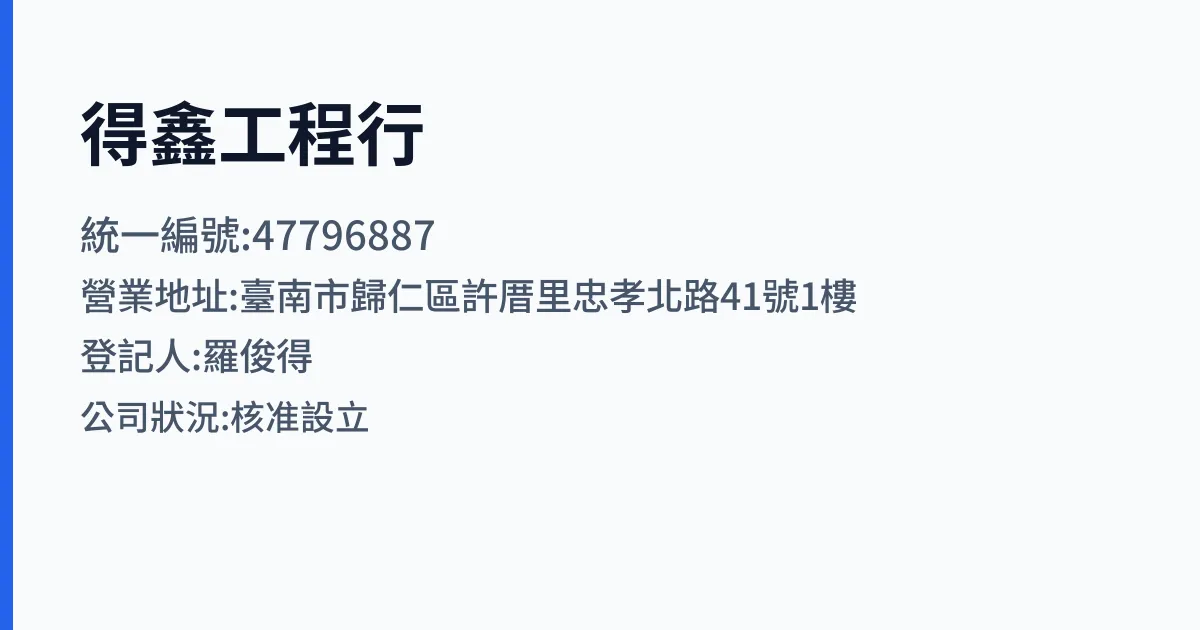 得鑫工程行 - 統編 47796887(臺南市) 公司登記資料與營業項目詳細圖表