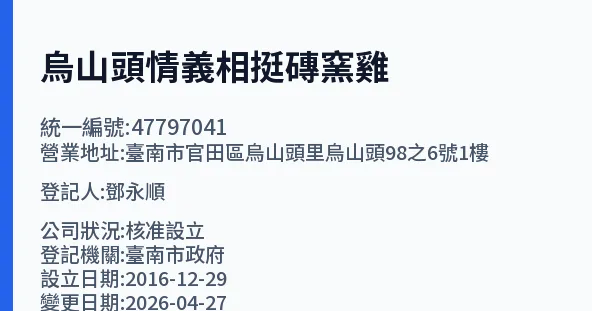 烏山頭情義相挺磚窯雞的照片-統編 47797041(臺南市) 公司登記資料與營業項目詳細圖表