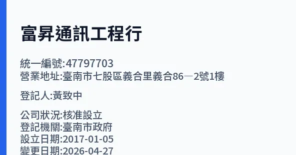 富昇通訊工程行的照片-統編 47797703(臺南市) 公司登記資料與營業項目詳細圖表