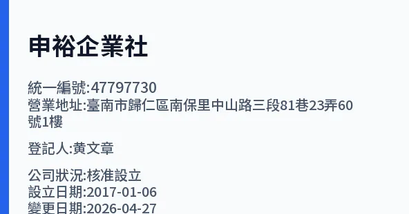申裕企業社的照片-統編 47797730(臺南市) 公司登記資料與營業項目詳細圖表
