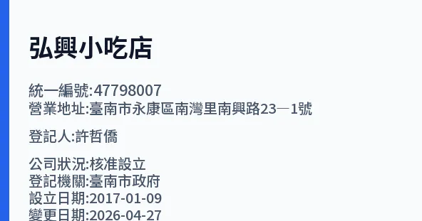 弘興小吃店的照片-統編 47798007(臺南市) 公司登記資料與營業項目詳細圖表