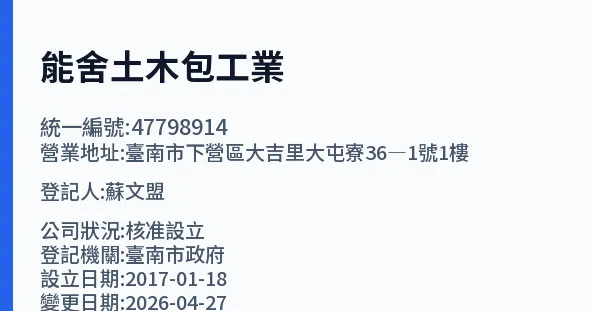 能舍土木包工業的照片-統編 47798914(臺南市) 公司登記資料與營業項目詳細圖表