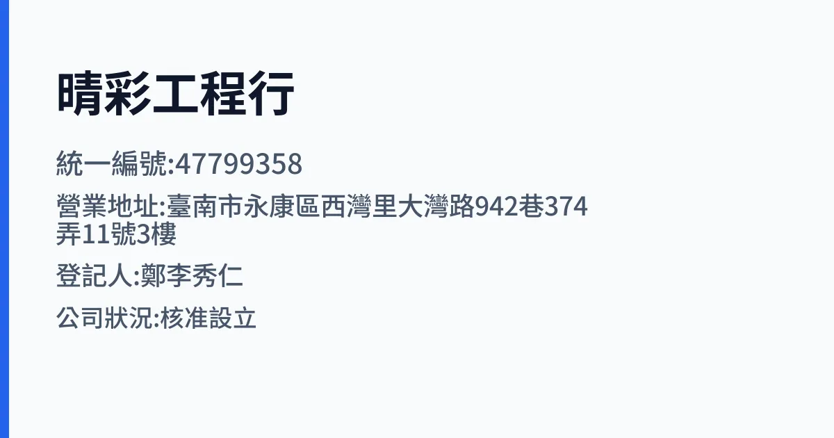 晴彩工程行 - 統編 47799358(臺南市) 公司登記資料與營業項目詳細圖表