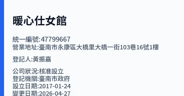 暖心仕女館的照片-統編 47799667(臺南市) 公司登記資料與營業項目詳細圖表