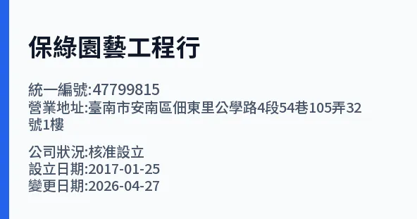 保綠園藝工程行的照片-統編 47799815(臺南市) 公司登記資料與營業項目詳細圖表