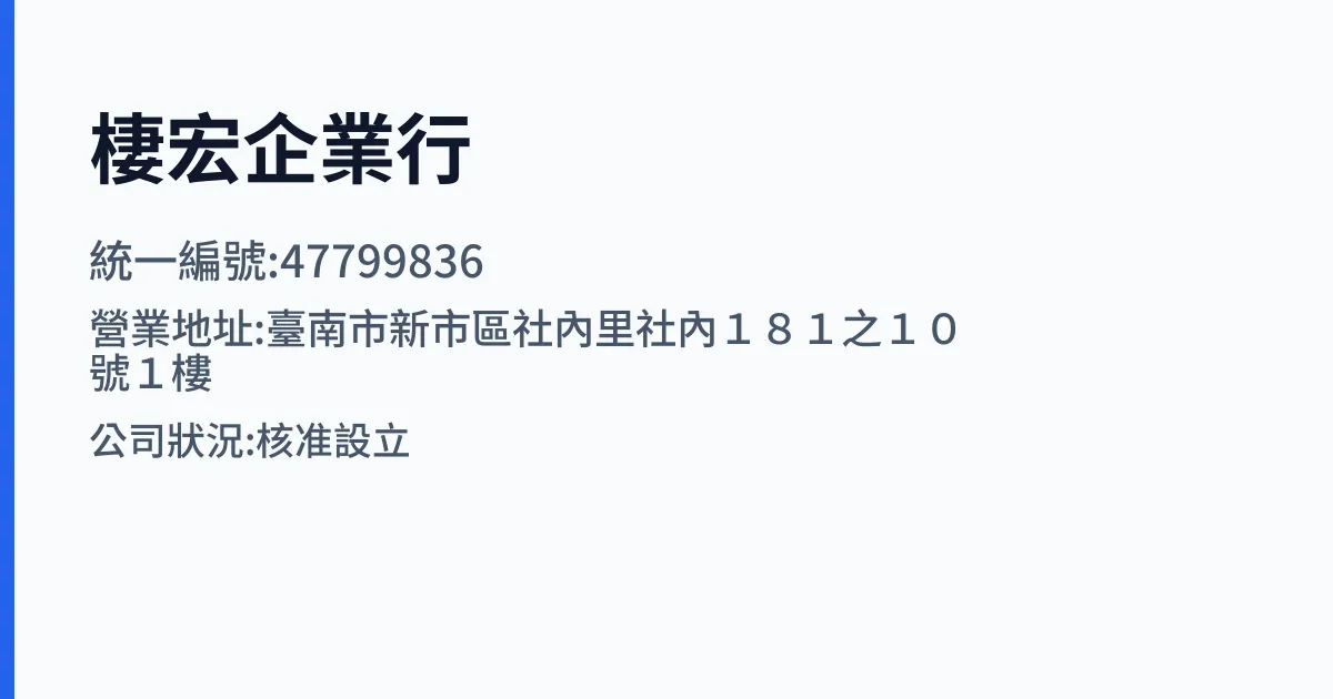 棲宏企業行 - 統編 47799836(臺南市) 公司登記資料與營業項目詳細圖表
