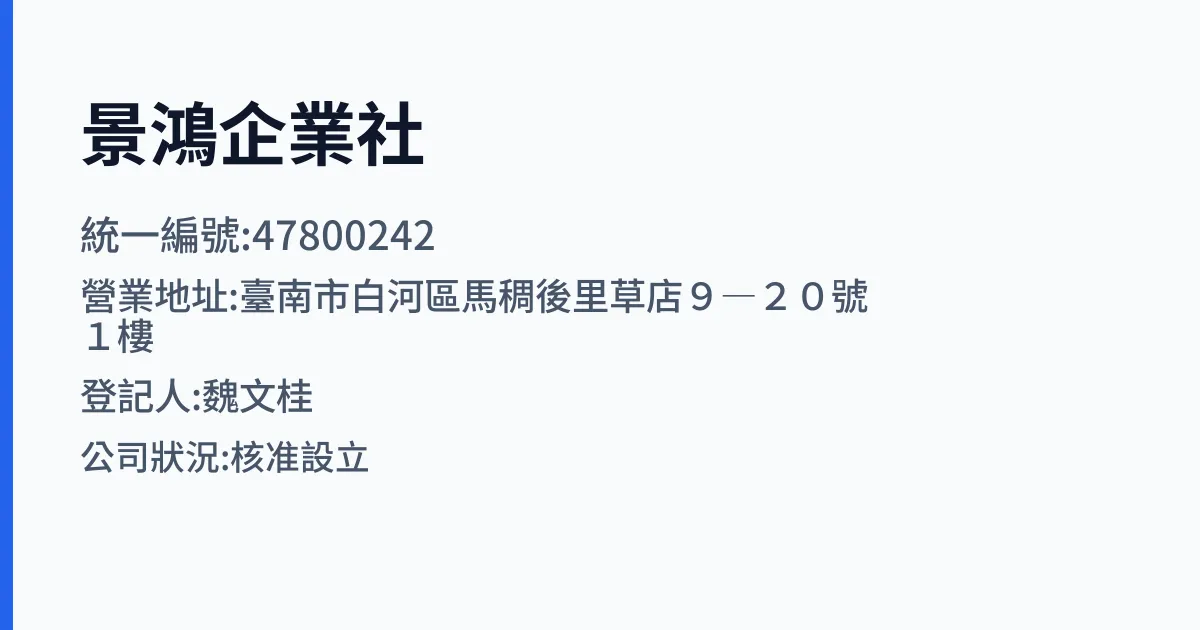 景鴻企業社 - 統編 47800242(臺南市) 公司登記資料與營業項目詳細圖表