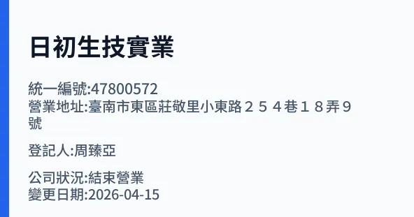 日初生技實業的照片-統編 47800572(臺南市) 公司登記資料與營業項目詳細圖表