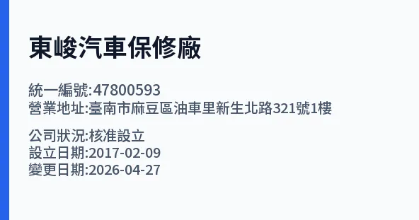 東峻汽車保修廠的照片-統編 47800593(臺南市) 公司登記資料與營業項目詳細圖表