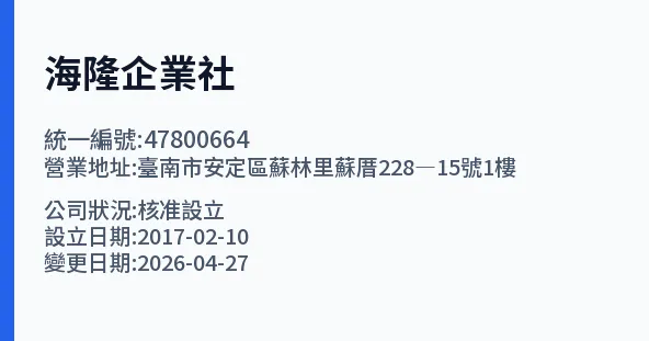海隆企業社的照片-統編 47800664(臺南市) 公司登記資料與營業項目詳細圖表
