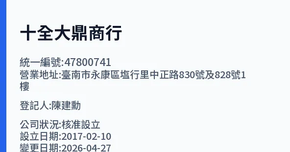 十全大鼎商行的照片-統編 47800741(臺南市) 公司登記資料與營業項目詳細圖表