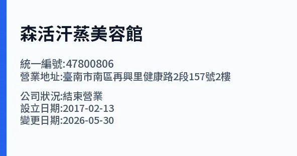 森活汗蒸美容館的照片-統編 47800806(臺南市) 公司登記資料與營業項目詳細圖表