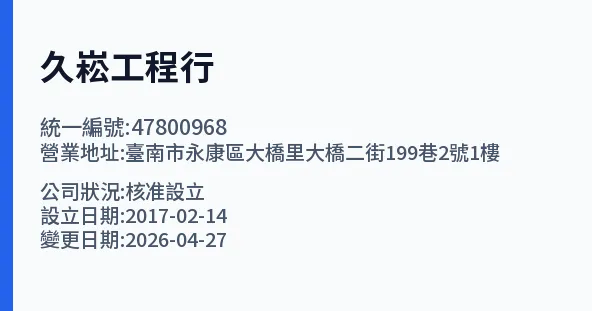 久崧工程行的照片-統編 47800968(臺南市) 公司登記資料與營業項目詳細圖表