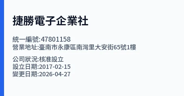捷勝電子企業社的照片-統編 47801158(臺南市) 公司登記資料與營業項目詳細圖表