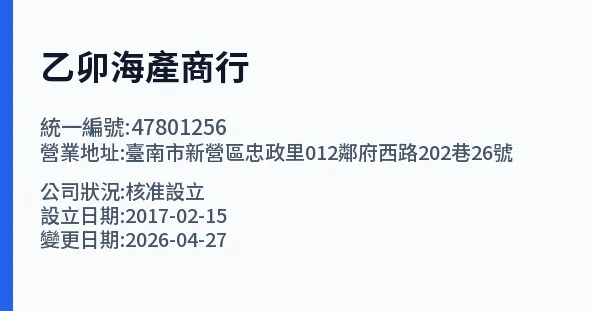 乙卯海產商行的照片-統編 47801256(臺南市) 公司登記資料與營業項目詳細圖表