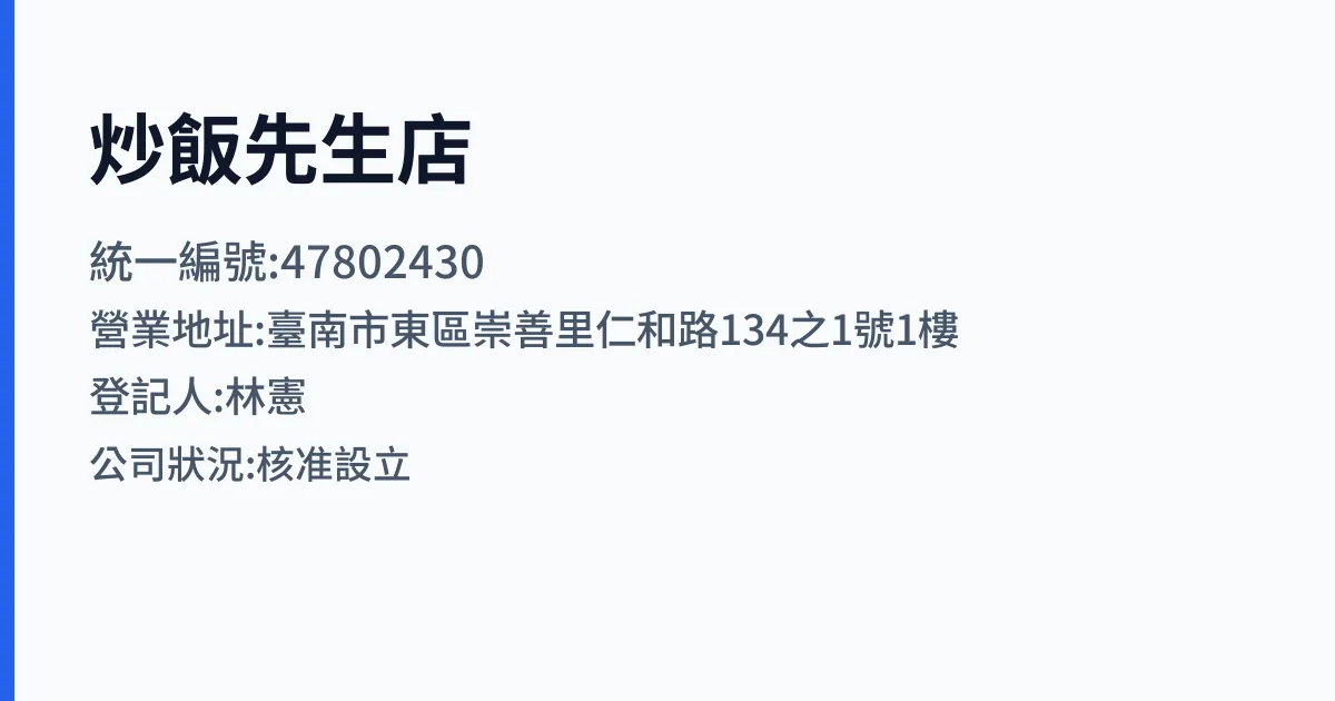 炒飯先生店 - 統編 47802430(臺南市) 公司登記資料與營業項目詳細圖表