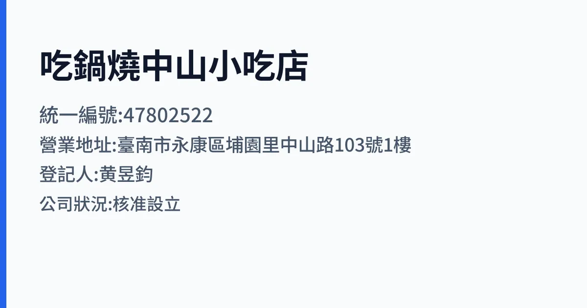 吃鍋燒中山小吃店 - 統編 47802522(臺南市) 公司登記資料與營業項目詳細圖表