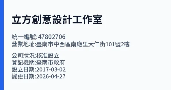 立方創意設計工作室的照片-統編 47802706(臺南市) 公司登記資料與營業項目詳細圖表