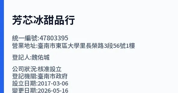 芳芯冰甜品行的照片-統編 47803395(臺南市) 公司登記資料與營業項目詳細圖表