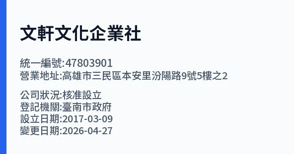 文軒文化企業社的照片-統編 47803901(高雄市) 公司登記資料與營業項目詳細圖表