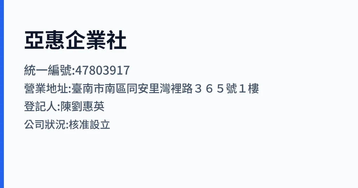亞惠企業社 - 統編 47803917(臺南市) 公司登記資料與營業項目詳細圖表