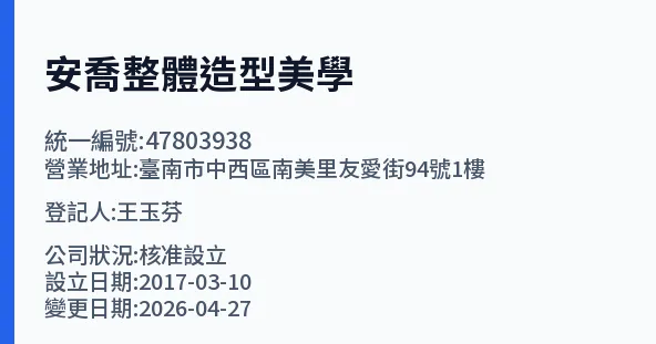 安喬整體造型美學的照片-統編 47803938(臺南市) 公司登記資料與營業項目詳細圖表