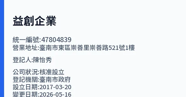 益創企業的照片-統編 47804839(臺南市) 公司登記資料與營業項目詳細圖表