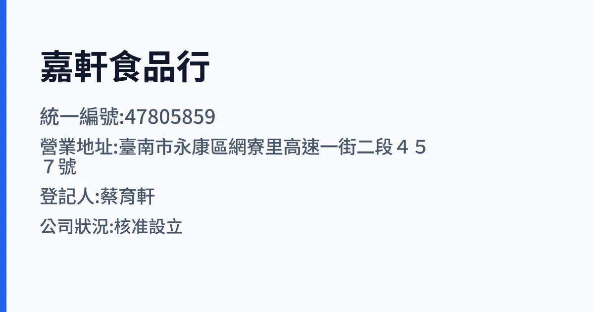 嘉軒食品行 - 統編 47805859(臺南市) 公司登記資料與營業項目詳細圖表