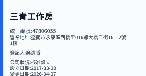 三青工作房的照片-統編 47806055(臺南市) 公司登記資料與營業項目詳細圖表