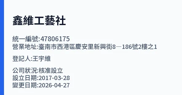 鑫維工藝社的照片-統編 47806175(臺南市) 公司登記資料與營業項目詳細圖表
