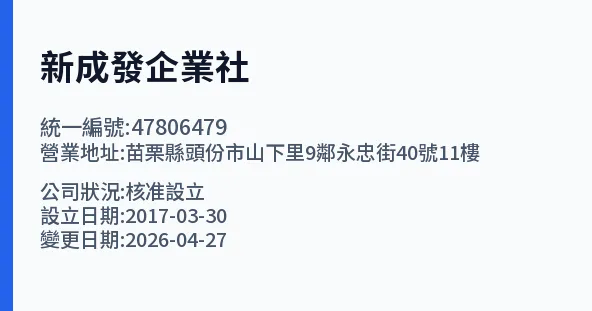 新成發企業社的照片-統編 47806479(苗栗縣) 公司登記資料與營業項目詳細圖表