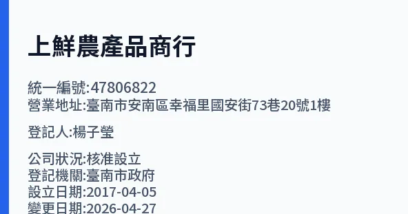 上鮮農產品商行的照片-統編 47806822(臺南市) 公司登記資料與營業項目詳細圖表