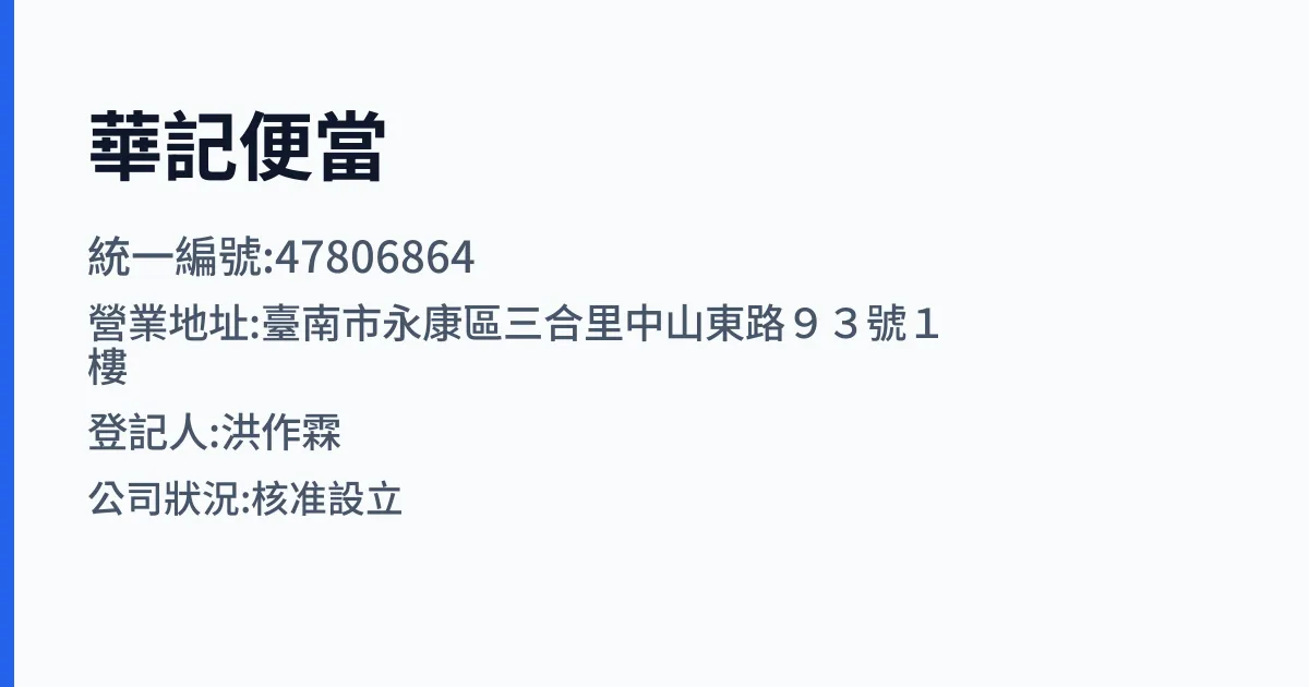 華記便當 - 統編 47806864(臺南市) 公司登記資料與營業項目詳細圖表