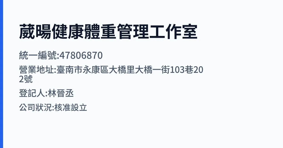 葳暘健康體重管理工作室 - 統編 47806870(臺南市) 公司登記資料與營業項目詳細圖表