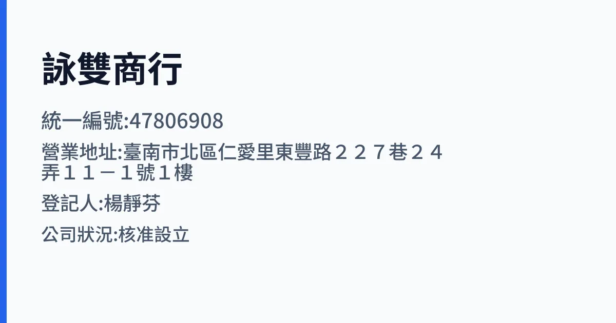 詠雙商行 - 統編 47806908（臺南市） 公司登記資料與營業項目詳細圖表