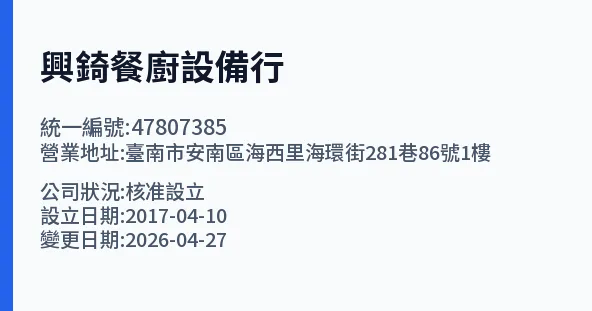 興錡餐廚設備行的照片-統編 47807385(臺南市) 公司登記資料與營業項目詳細圖表