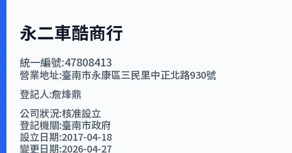 永二車酷商行的照片-統編 47808413(臺南市) 公司登記資料與營業項目詳細圖表