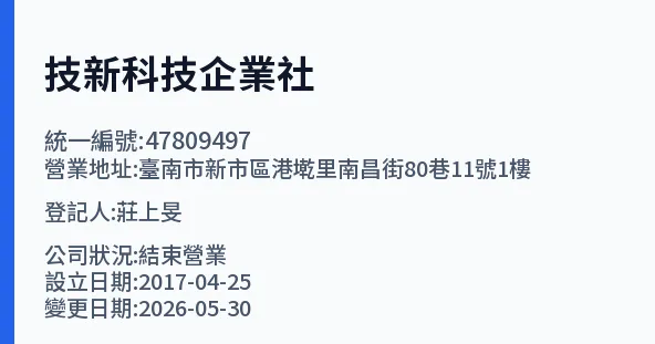 技新科技企業社的照片-統編 47809497(臺南市) 公司登記資料與營業項目詳細圖表
