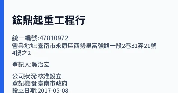 鋐鼎起重工程行的照片-統編 47810972(臺南市) 公司登記資料與營業項目詳細圖表
