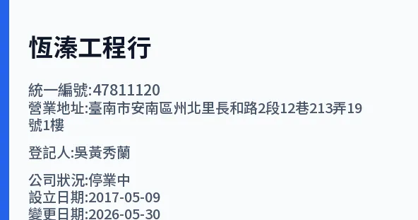 恆溱工程行的照片-統編 47811120(臺南市) 公司登記資料與營業項目詳細圖表