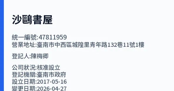 沙鷗書屋的照片-統編 47811959(臺南市) 公司登記資料與營業項目詳細圖表