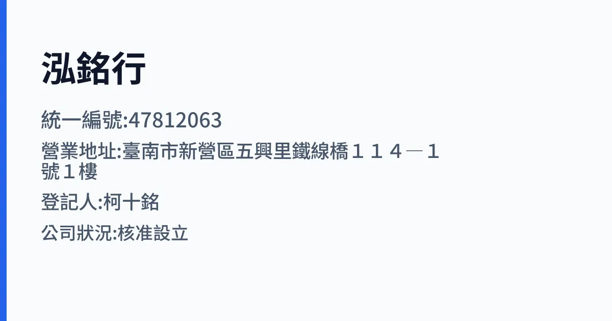 泓銘行 - 統編 47812063（臺南市） 公司登記資料與營業項目詳細圖表