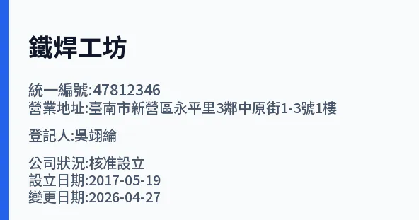 鐵焊工坊的照片-統編 47812346(臺南市) 公司登記資料與營業項目詳細圖表