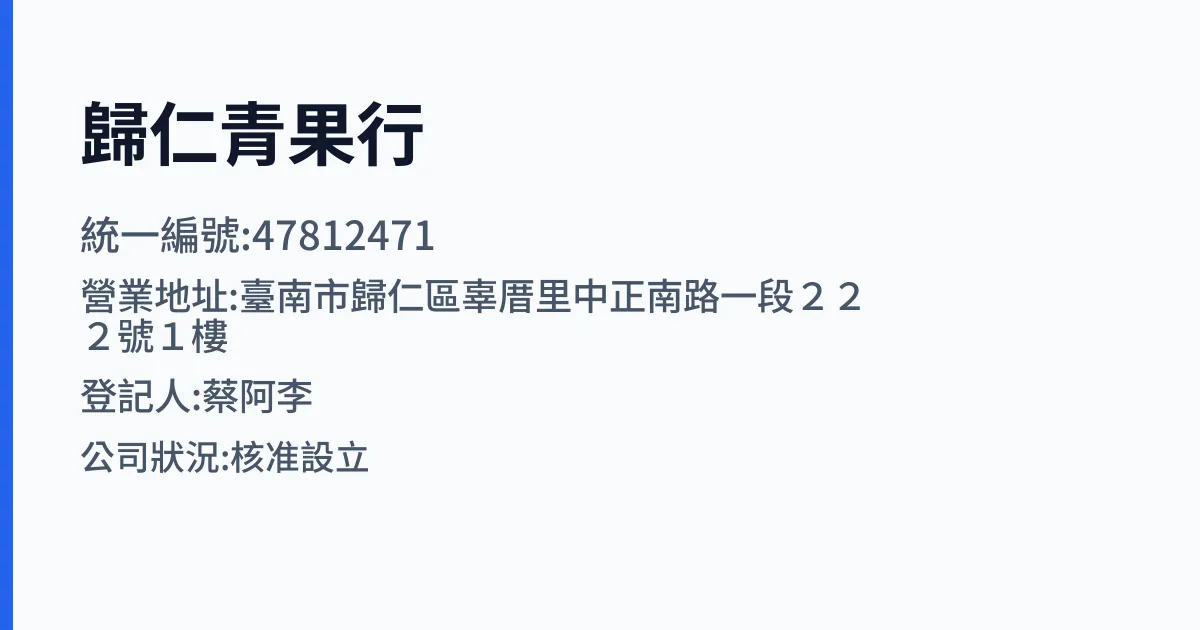 歸仁青果行 - 統編 47812471(臺南市) 公司登記資料與營業項目詳細圖表