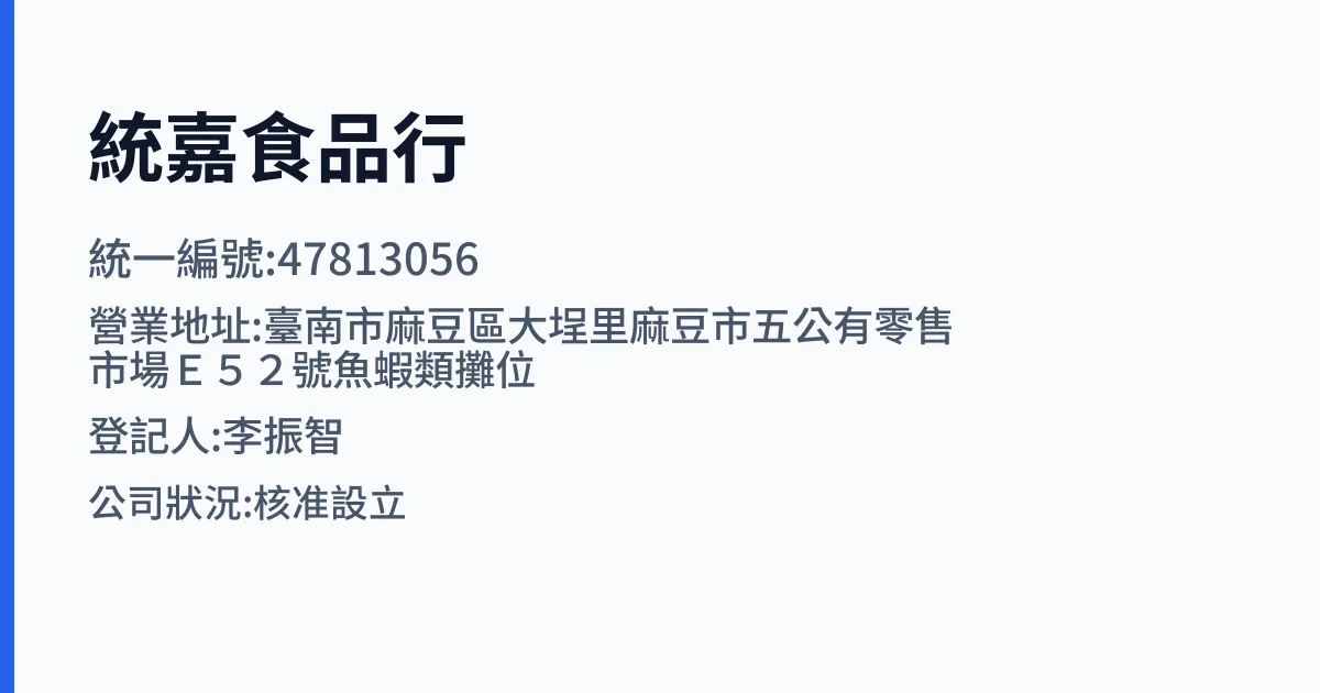 統嘉食品行 - 統編 47813056(臺南市) 公司登記資料與營業項目詳細圖表