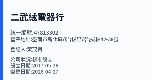 二武絨電器行的照片-統編 47813302(臺南市) 公司登記資料與營業項目詳細圖表
