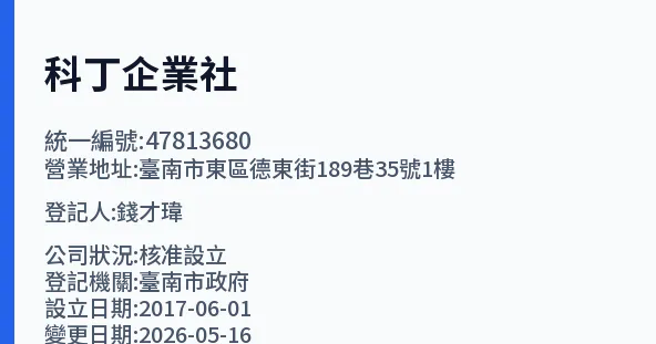 科丁企業社的照片-統編 47813680(臺南市) 公司登記資料與營業項目詳細圖表